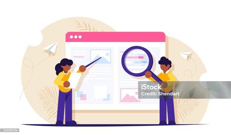 웹 사이트 또는 블로그에 매력적인 콘텐츠를 만드는 프로세스입니다 돋보기와 포인터를 가진 남자 현대 플랫 벡터 그림입니다 개념에 대한 스톡 벡터 아트 및 기타 이미지 Istock