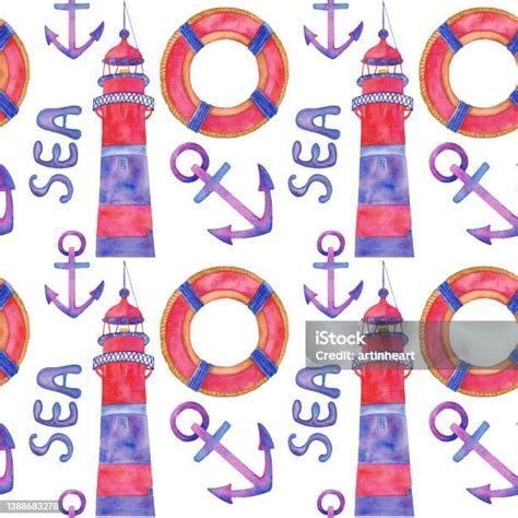 흰색 배경에 수채화 해양 패턴 등대 구명 부표 앵커 매끄러운 그림 비문 바다 종이 직물 직물 포장의 디자인을위한 빈 건물 외관에 대한 스톡 벡터 아트 및 기타 이미지