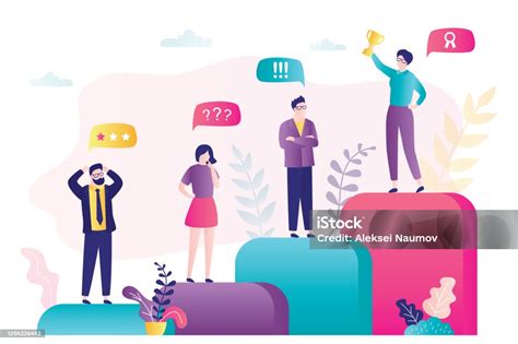 커리어 래더 컨셉 비즈니스 기업 관계에서의 성공 계단에 서있는 다양한 사업가의 그룹 Championship에 대한 스톡 벡터