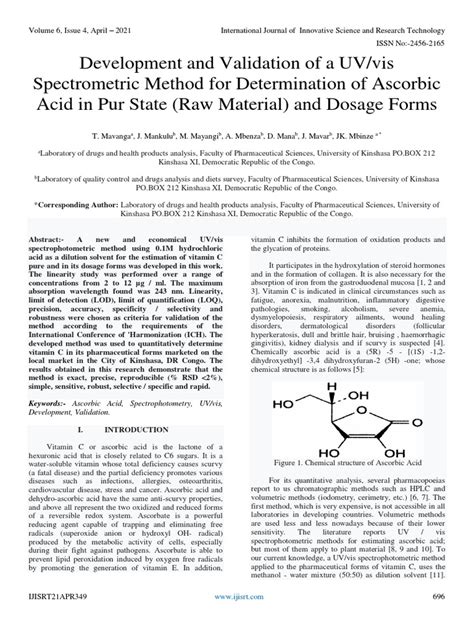 Development And Validation Of A Uvvis Spectrometric Method For Determination Of Ascorbic Acid In