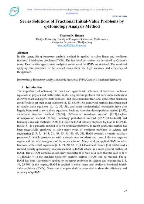 Pdf Series Solutions Of Fractional Initial Value Problems By Q Homotopy Analysis Method