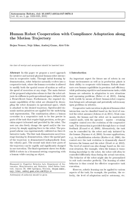 Pdf Human Robot Cooperation With Compliance Adaptation Along The Motion Trajectory Bojan