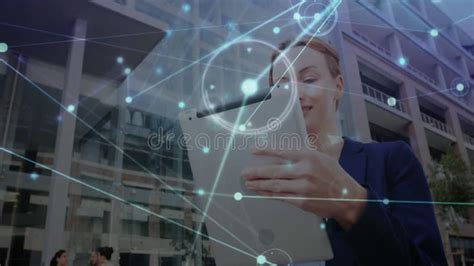 Holding Tablet Woman Interacting With Digital Network Connections Over Cityscape Stock Video