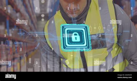 Image Of Padlock And Data Processing Over Caucasian Male Worker Working