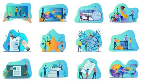 온라인 회의 뱅킹 Wifi 모집 팀워크 평면 벡터 일러스트 세트 프리미엄 벡터