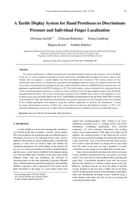 Pdf A Tactile Display System For Hand Prostheses To Discriminate Pressure And Individual