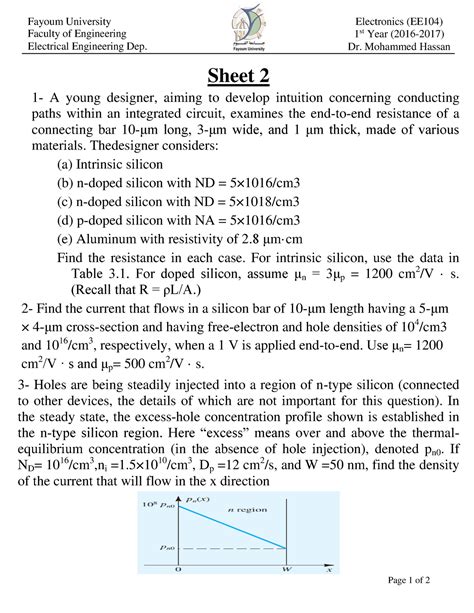 Sheet 2 Fayoum University Faculty Of Engineering Electrical Engineering Dep Electronics
