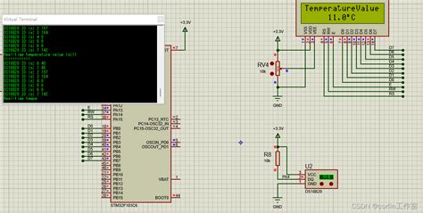基于stm32cubemxstm32f103c6ds18b20lcd1602的温度采集显示proteus仿真protues中