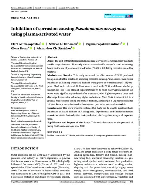 Pdf Inhibition Of Corrosion Causing Pseudomonas Aeruginosa Using Plasma Activated Water