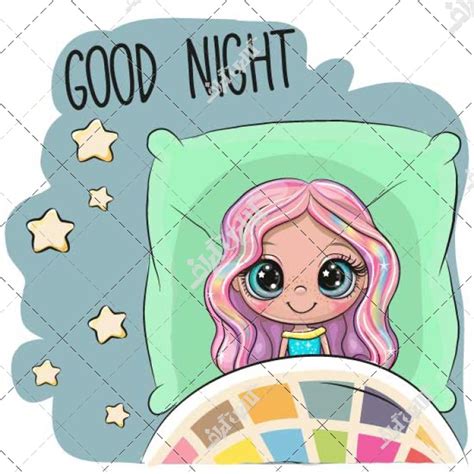 دختر ناز کارتونی با موهای صورتی و بنفش خوابیده در تخت