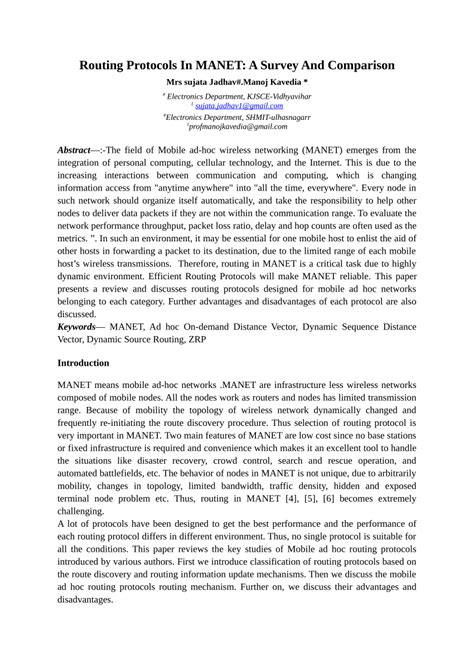 Pdf Routing Protocols In Manet A Survey And Comparison