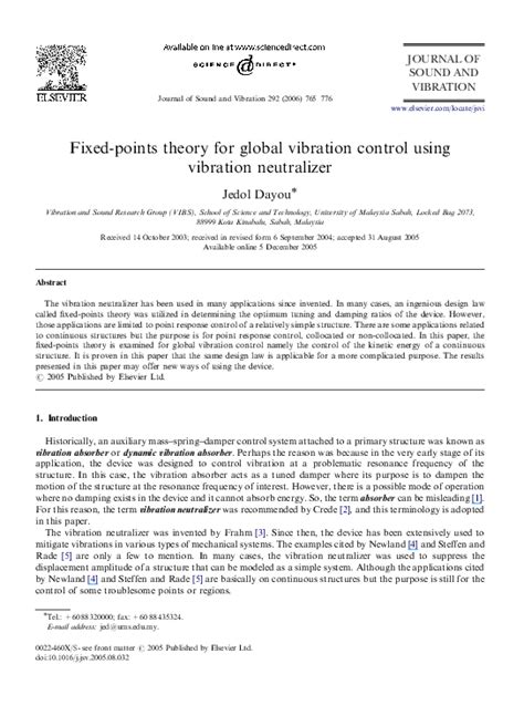 Pdf Fixed Points Theory For Global Vibration Control Using Vibration Neutralizer