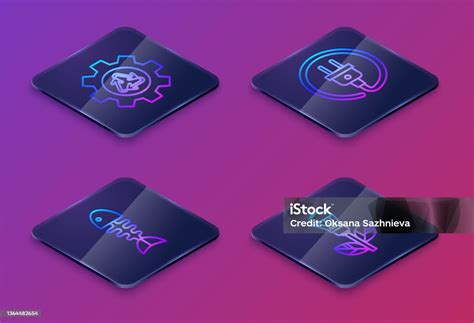 아이소메트릭 라인 재활용 기호와 기어 물고기 해골 전기 플러그 및 잎이있는 전구를 설정합니다 파란색 정사각형 버튼 벡터 3차원 형태에 대한 스톡 벡터 아트 및 기타 이미지