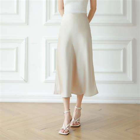 여성용 실크 스커트 얇은 하이 웨이스트 중간 길이 새틴 우아한 A 라인 우산 블랙 롱 오피스 레이디 스커트 여름 Aliexpress