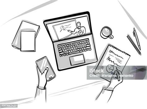 온라인 학습 직장 낙서 일러스트레이션 웨비나 스케치 온라인 교육 컴퓨터 교육 가정 생활에 대한 스톡 벡터 아트 및 기타 이미지 가정 생활 개념 거리가 먼 Istock