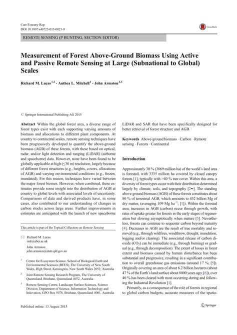 Pdf Measurement Of Forest Above Ground Biomass Using Active And Passive Remote Sensing At