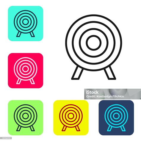 흰색 배경에 격리 된 블랙 라인 대상 스포츠 아이콘 사격장이나 촬영을 위한 숫자로 대상을 청소합니다 색상 정사각형 단추로 아이콘을 설정합니다 벡터 가리키기에 대한 스톡 벡터