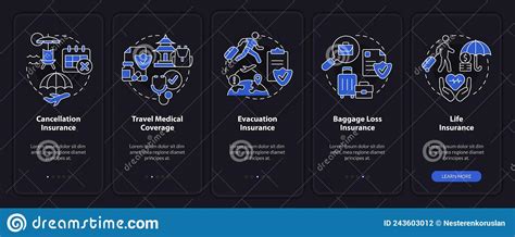 Types Of Travel Insurance Night Mode Onboarding Mobile App Screen Stock