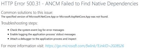 error 500 31 ancm failed to find native dependencies on ms azure