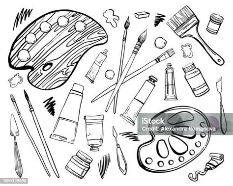 손으로 그린 스케치 벡터 아티스트 자료의 집합입니다 흑인과 백인 페인트 도구로 그림을 양식에 일치 시키는 브러시 페인트 팔레트