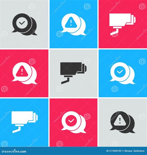 Set Check Mark In Speech Bubble Exclamation Triangle And Security Camera Icon Vector Stock