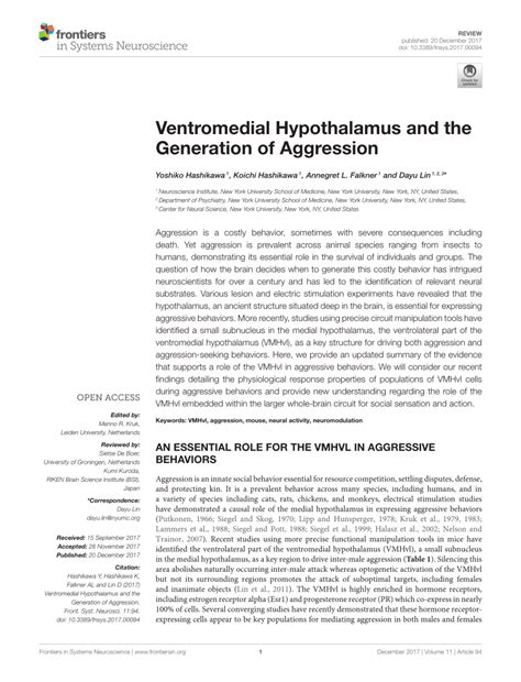 Pdf Ventromedial Hypothalamus And The Generation Of Aggression