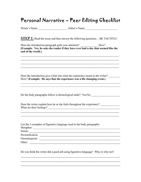 Personal Narrative Peer Editing Checklist