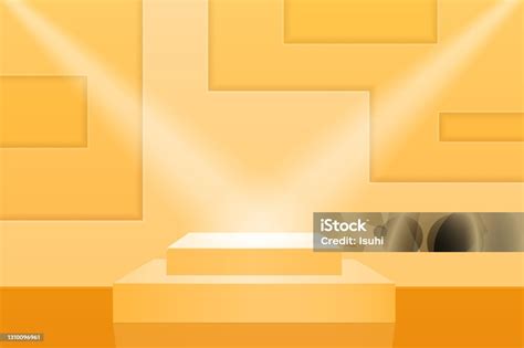 광고 프리젠 테이션 이나 박물관 전시회에 대 한 두 직사각형 형태의 연단 경매에서 많은 장면 수여를 위한 받침대 조각 된 종이 스타일의 노란색 추상적 인 배경 3d 리얼리즘