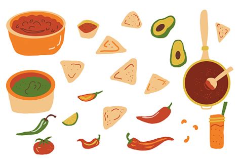 멕시칸 소스 세트 살사 나초를 곁들인 과카몰리 두더지 전통 문화 요리 벡터 편평한 손 그려진 그림 고립된 드로잉에 대한 스톡 벡터 아트 및 기타 이미지 Istock