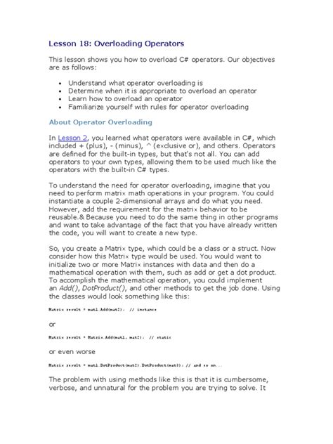 Lesson 18: Overloading Operators | PDF | Method (Computer Programming) | Matrix (Mathematics)