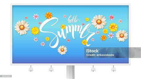 안녕 여름 꽃 봄 꽃의 추상 패턴 텍스트 디자인 및 데이지 국화 꽃을 광고 판 레터링 여름 이벤트 3 차원 일러스트 레이 션에 대 한 개념을 손으로 0명에 대한 스톡 벡터