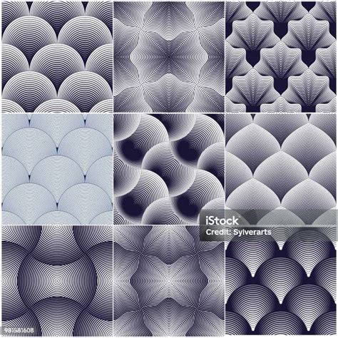 완벽 한 기하학적 패턴 기와 배경 컬렉션 벡터 반복 끝 없는 벽지 일러스트를 추상화 합니다 원형 지붕 기와 이기 또는 물고기