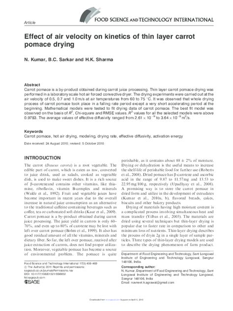 Pdf Effect Of Air Velocity On Kinetics Of Thin Layer Carrot Pomace Drying