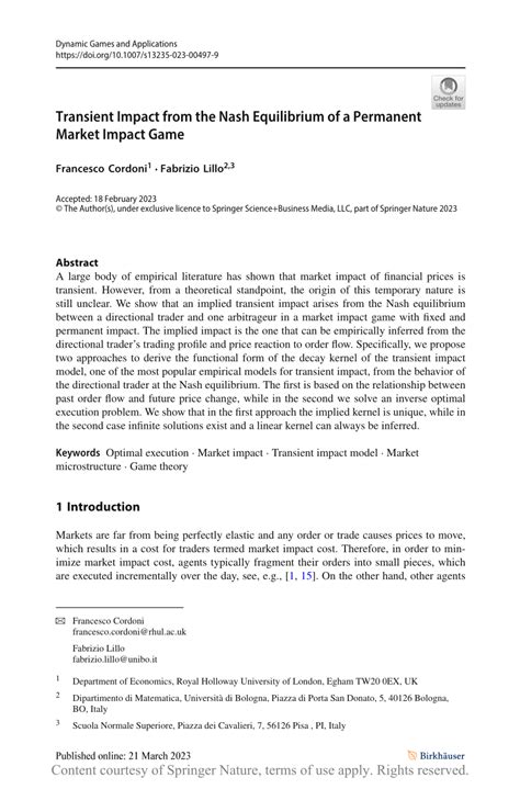 Transient Impact From The Nash Equilibrium Of A Permanent Market Impact