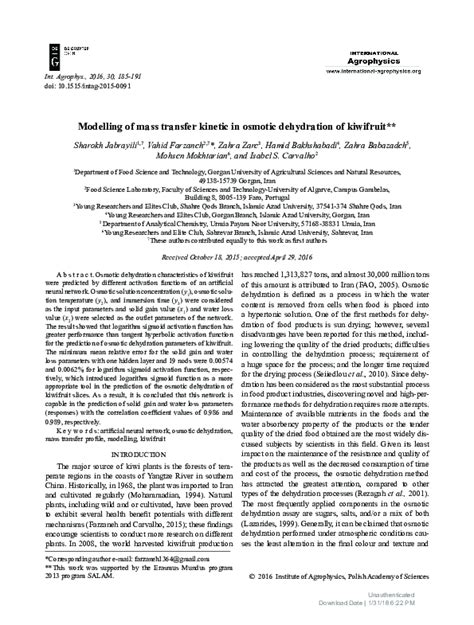 Pdf Modelling Of Mass Transfer Kinetic In Osmotic Dehydration Of Kiwifruit