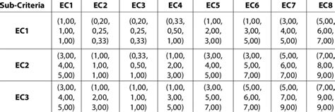 binary comparison matrix for the main criteria of environment and city