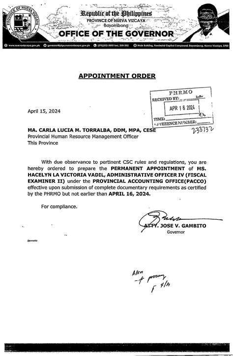 2024 Appointment Orders Nueva Vizcaya Philippines