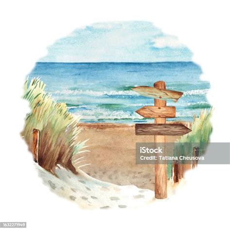 모래 언덕과 화살표가 있는 나무 푯말이 있는 발트해 해변 교통 표지판 오스트시 파노라마 맑은 날씨 구름이 있는 푸른 하늘 손으로 그린 수채화 그림 거리에 대한 스톡 벡터