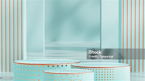골드 패턴이 있는 3개의 둥근 연단 제품 프레젠테이션의 배경입니다 밝은 청록색 벽과 바닥에 햇빛과 그림자 0명에 대한 스톡 사진 및 기타 이미지 Istock