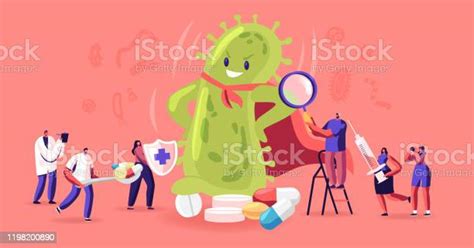 붉은 슈퍼 히어로 망토를 입고 거대한 녹색 휴머노이드 미생물로부터 자신을 보호하는 사람들의 군중 남성과 여성 캐릭터는 의학 및 백신바이러스를 공격합니다 만화 플랫 벡터