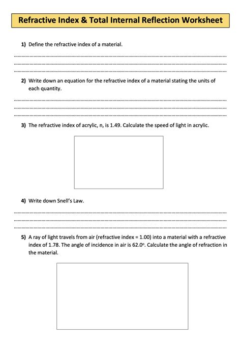Refractive Index And Total Internal Reflection Worksheet A Level