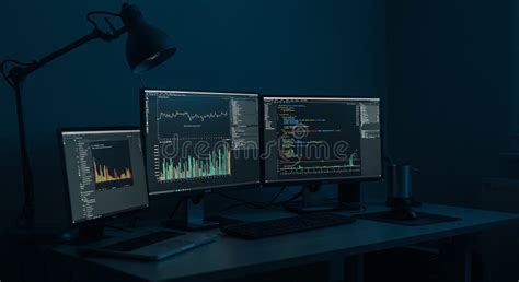 coding workspace with multiple monitors displaying programming code and