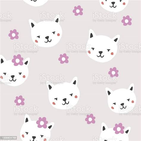 귀여운 소녀 고양이 얼굴과 꽃과 원활한 유치한 패턴 창조적 인 아이들은 직물 포장 섬유 벽지 의류를 위해 손으로 그린 질감 벡터