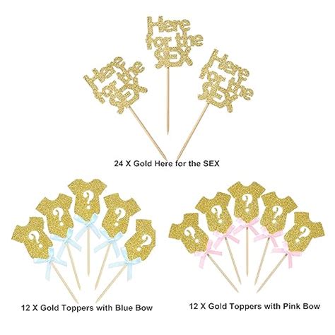 48 Pcs Mixed Gender Reveal Cupcake Toppers Gold Glitter