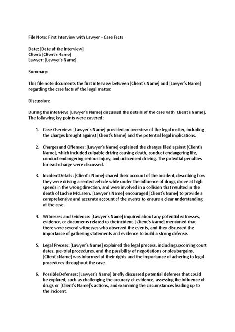 File Note File Note Template File Note First Interview With Lawyer