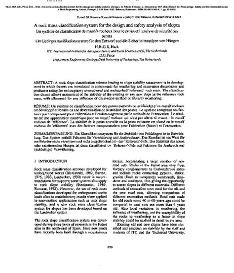 Pdf A Rock Mass Classification System For The Design And Safety Analysis Of Slopes