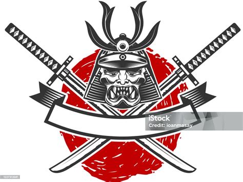 사무라이 헬멧과 교차 카타나 검엠의 엠블럼 라벨 기호 포스터 티셔츠에 대한 디자인 요소 벡터 일러스트레이션 Bushido Lifestyle에 대한 스톡 벡터 아트 및