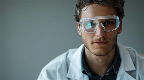 Serious Caucasian Male Scientist In Lab Coat And Safety Goggles Premium Ai Generated Image