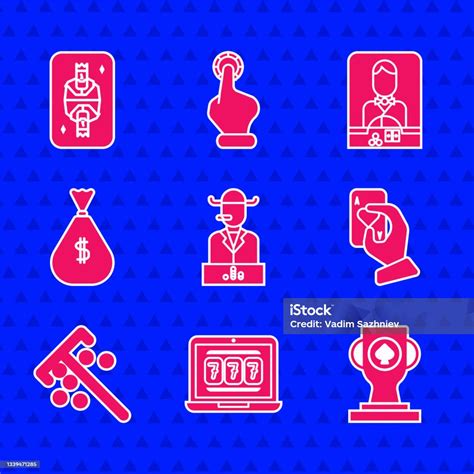 세트 포커 플레이어 노트북과 슬롯 머신 카지노 포커 트로피 컵 손으로 카드 놀이 칩스틱 머니 백 딜러와 다이아몬드 아이콘킹 벡터 가능성에 대한 스톡 벡터 아트 및 기타
