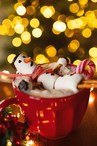 핫 초콜릿 머그잔 와 와 마시멜로 눈사람 와 사탕 지팡이 와 위에 크리스마스 트리 배경 위에 0명에 대한 스톡 사진 및 기타 이미지 Istock